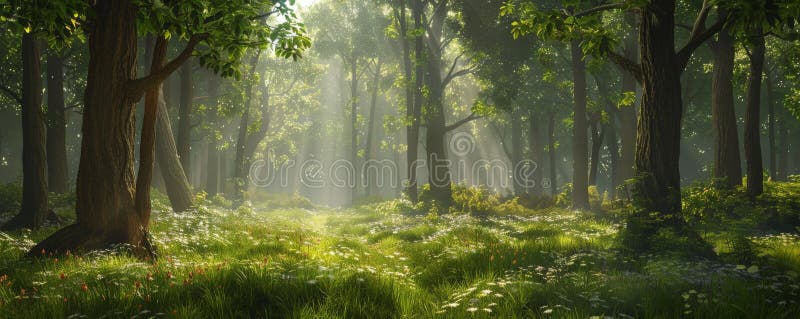 A Serene Forest Glade Background with Tall Trees, Dappled Sunlight, and ...