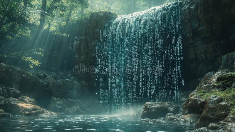 Mystical Forest Waterfall with Cascading Digital Code Stock Photo ...