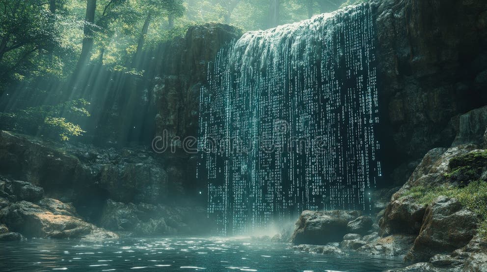 Mystical Forest Waterfall with Cascading Digital Code Stock Photo ...