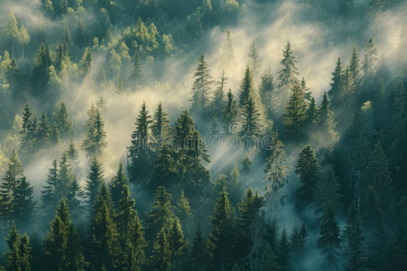 A Serene Forest Landscape at Dawn, with Sunlight Breaking through the ...