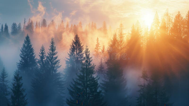 A Serene Forest Landscape at Dawn, with Trees Illuminated by the First ...