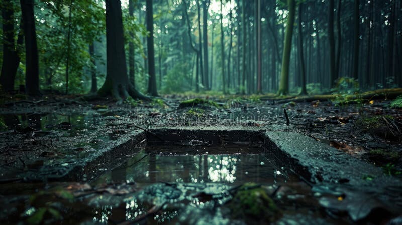 A Serene Forest Landscape with a Puddle Reflecting Trees on a Rainy Day ...
