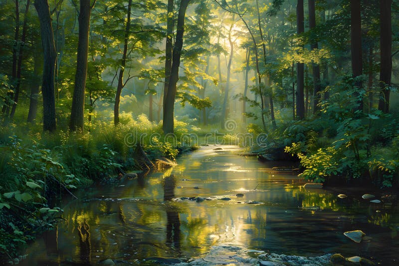 Serene Forest Landscape with Sun Rays Shining through Trees and ...