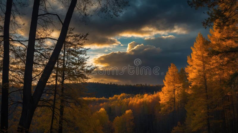 Golden Autumn Sunset Landscape: Dramatic Clouds Over Colorful Forest ...