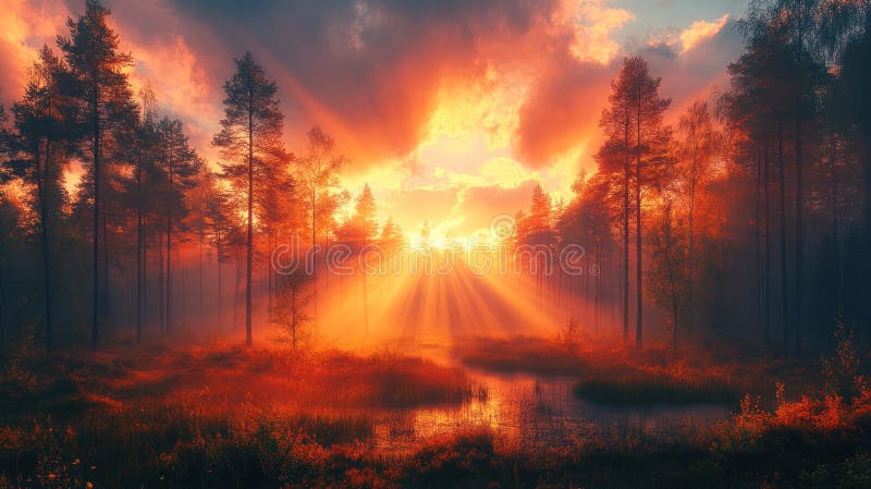 A Serene Forest Landscape at Sunset with Vibrant Colors and Sun Rays ...