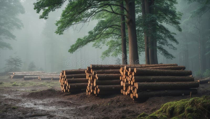 Serene Forest Logging Site with Stacked Logs on Muddy Soil Under Misty ...