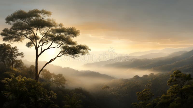 Serene Forest with Mocha Mousse Trees Under a Golden Sunset and Soft ...
