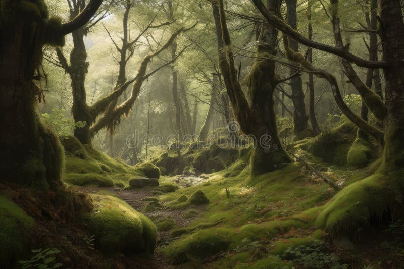 Serene Forest with Moss-covered Trees, and the Sound of Birds Singing ...