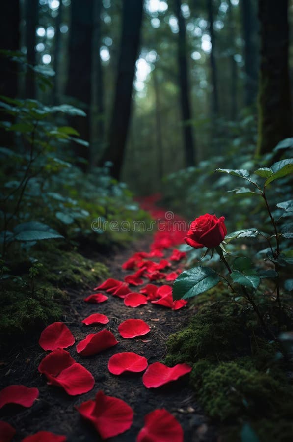 Romantic Red Rose Path in Dark Forest Stock Illustration - Illustration ...