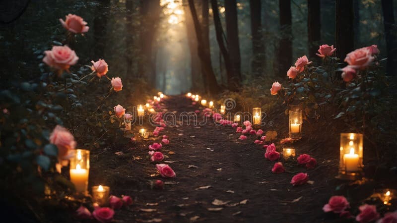 Romantic Rose Petal Path with Candles in a Dark Forest Stock ...