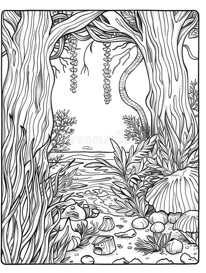 Serene Forest Path Coloring Page for Relaxation Stock Illustration ...