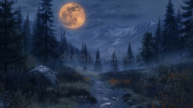 Moonlit Path through the Forest with Mountains and Mist at Night Stock ...
