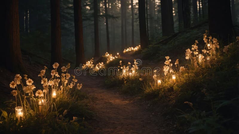 Enchanted Forest Path Lit by Candles and Flowers at Dusk Stock ...