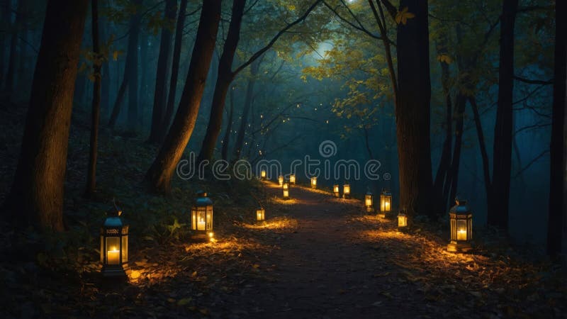 Enchanted Forest Path Lit by Candle Lanterns at Night Stock ...