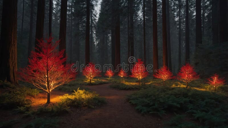 Enchanted Forest Path with Illuminated Red Trees at Night Stock ...