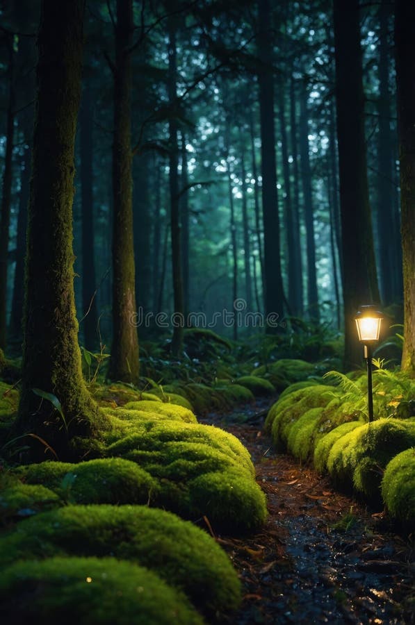 Magical Forest Path Illuminated by a Lantern at Night Stock ...