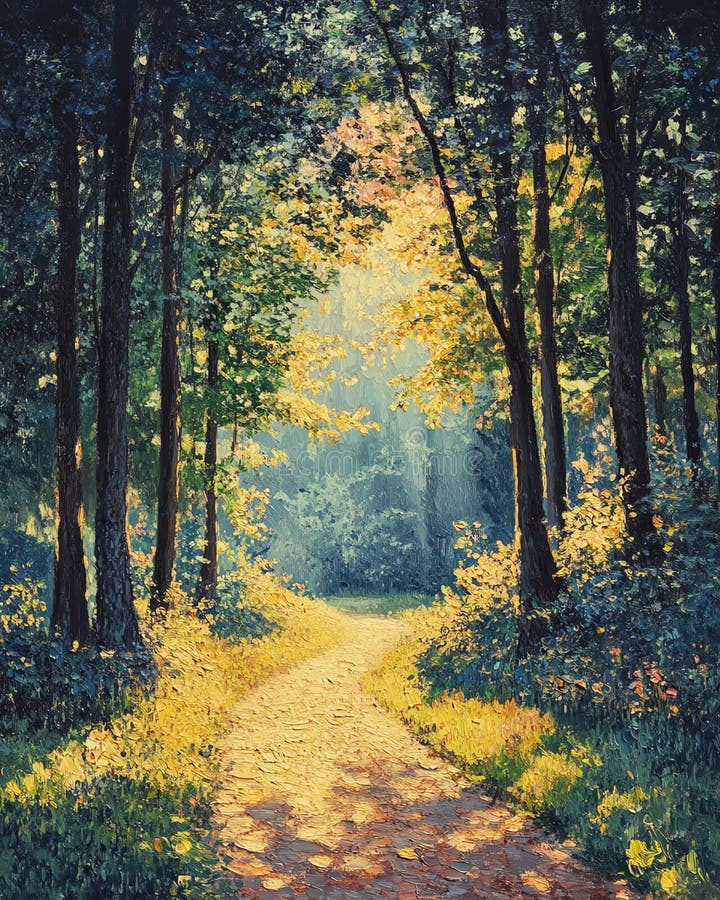 A Serene Forest Path Illuminated by Sunlight Filtering through Lush ...