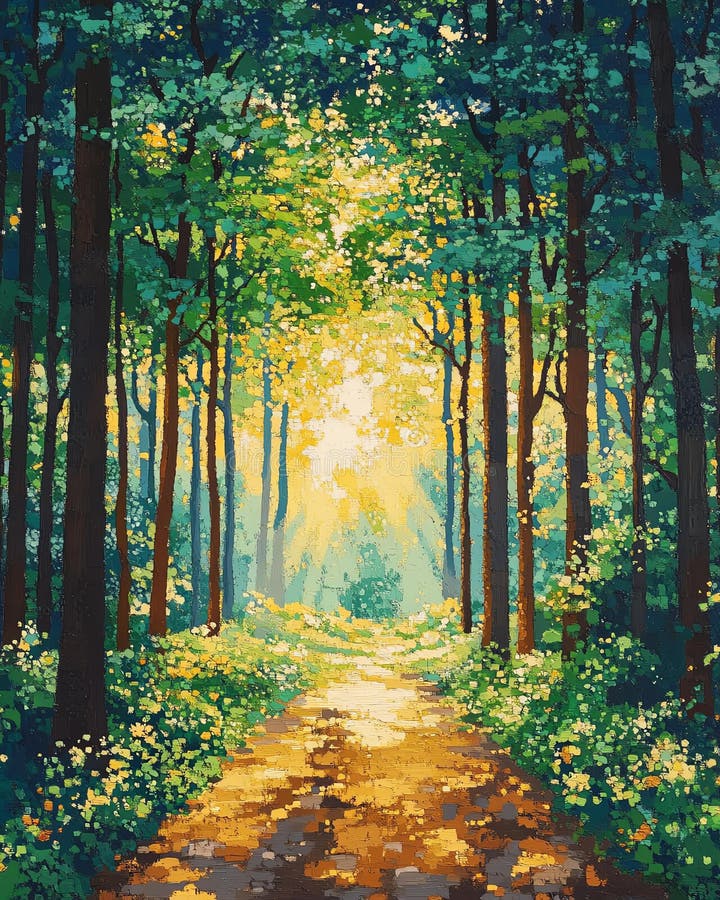 A Serene Forest Path Illuminated by Sunlight, Surrounded by Lush ...