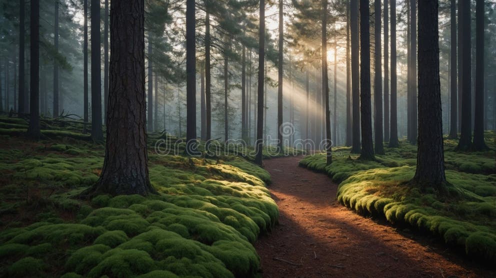 Sunlit Mossy Path in a Misty Forest Stock Illustration - Illustration ...