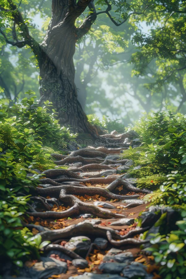 Serene Forest Path with Root Covered Trail Winding through Lush ...