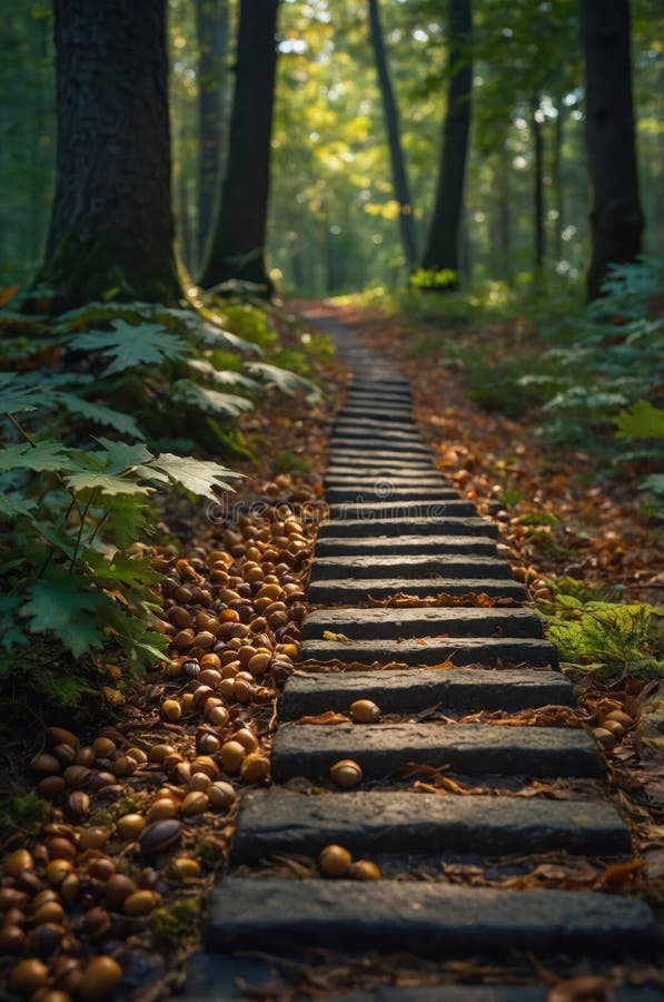 Serene Autumn Forest Path: Stone Steps Lined with Acorns Stock ...