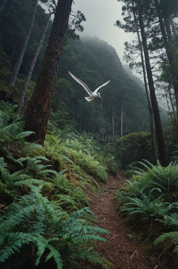 Serene White Bird Soaring Above Misty Forest Path Stock Illustration ...
