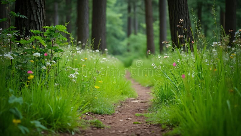 Serene Forest Path, Lush Greenery, Wildflowers, and a Tranquil Nature ...
