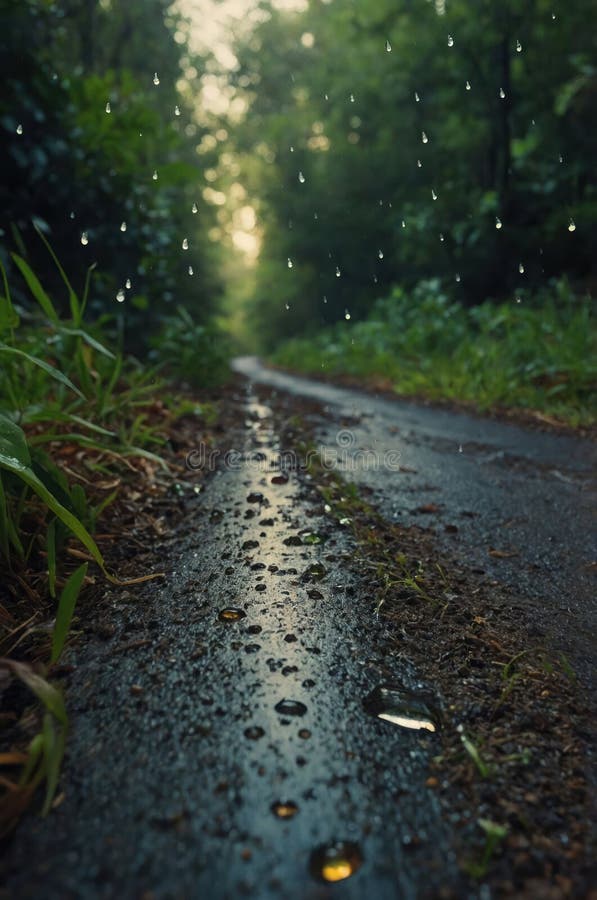 Rainy Road in Forest, Serene Nature Scene Stock Illustration ...