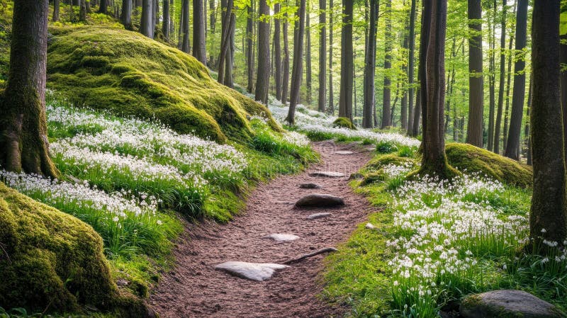 Serene Forest Path Spring Flowers Mossy Trees Stock Illustration ...