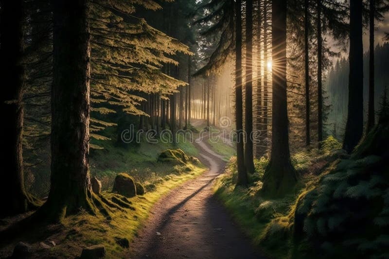 Serene Forest Path with Sun Rays. AI Stock Illustration - Illustration ...