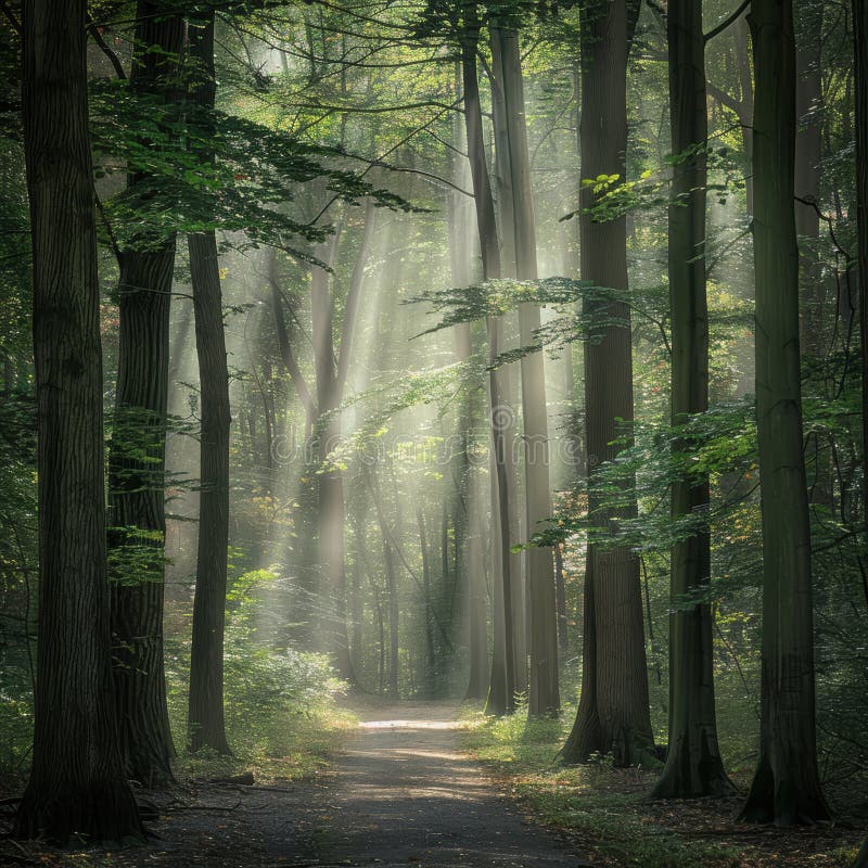 Serene Forest Path with Sunlight Streaming through Trees Stock Illustration - Illustration of ...