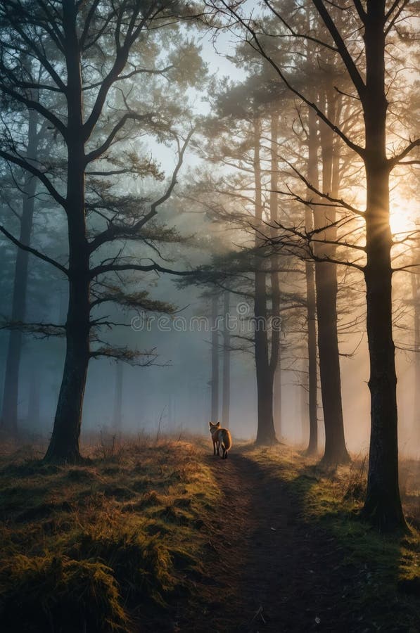 Misty Forest Path with Lone Fox at Sunrise Stock Illustration ...