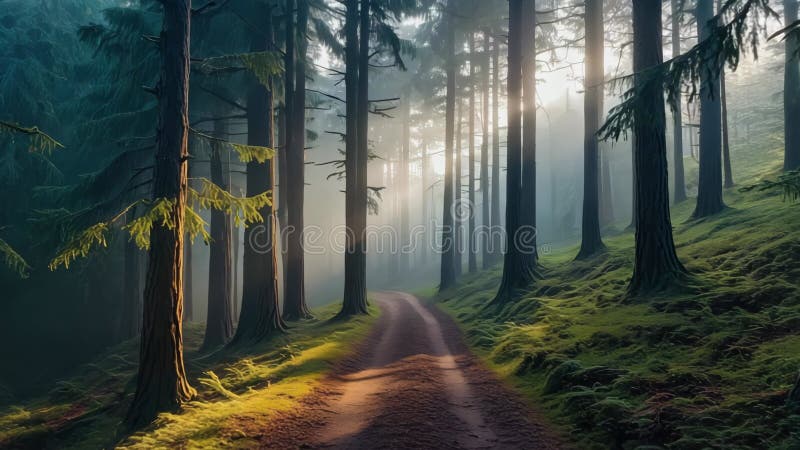 Serene Forest Path at Sunrise with Sunlight Filtering through Trees ...