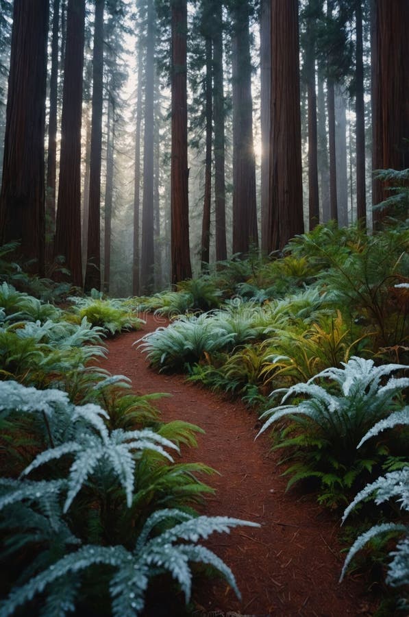 Misty Redwood Forest Path: a Serene Trail through Giant Trees and Lush Ferns Stock Illustration ...