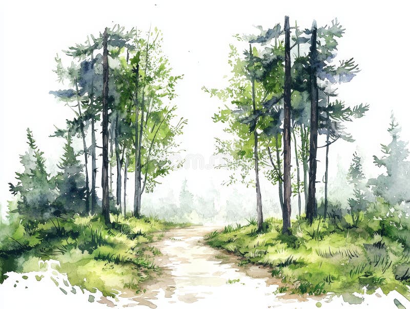 Serene Forest Path with Tall Trees and Watercolor Effect Generative AI ...