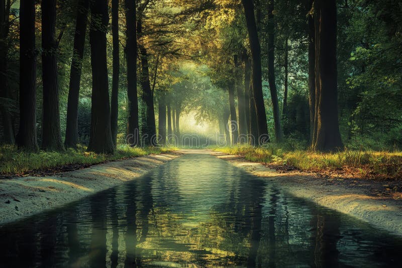 Serene Forest Path Water Reflecting Sunlight Tranquil Natural Setting ...