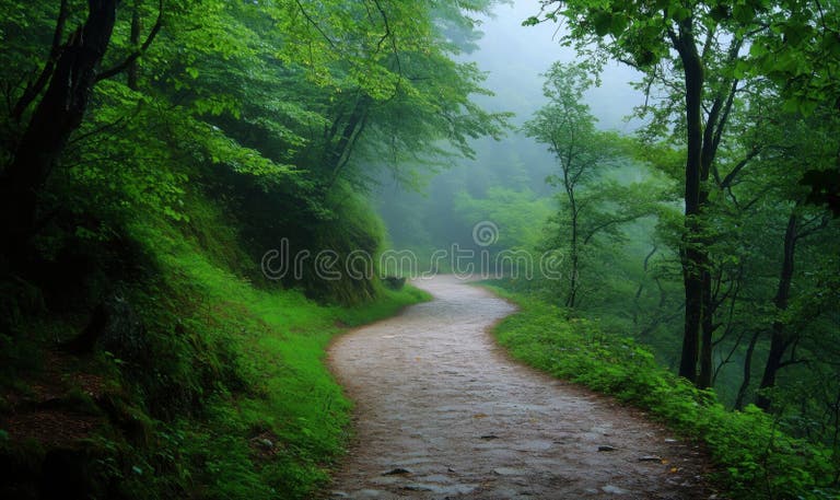 Serene Forest Path Winding through Lush Greenery and Misty Atmosphere ...