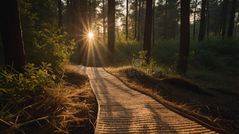 Serene Sunrise Path through Lush Forest Golden Hour Light Illuminates ...