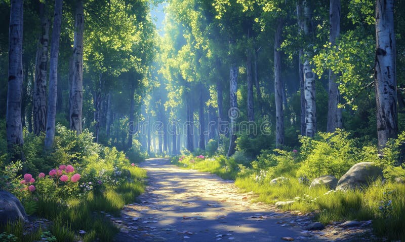 Serene Forest Pathway Illuminated by Sunlight with Vibrant Greenery and ...