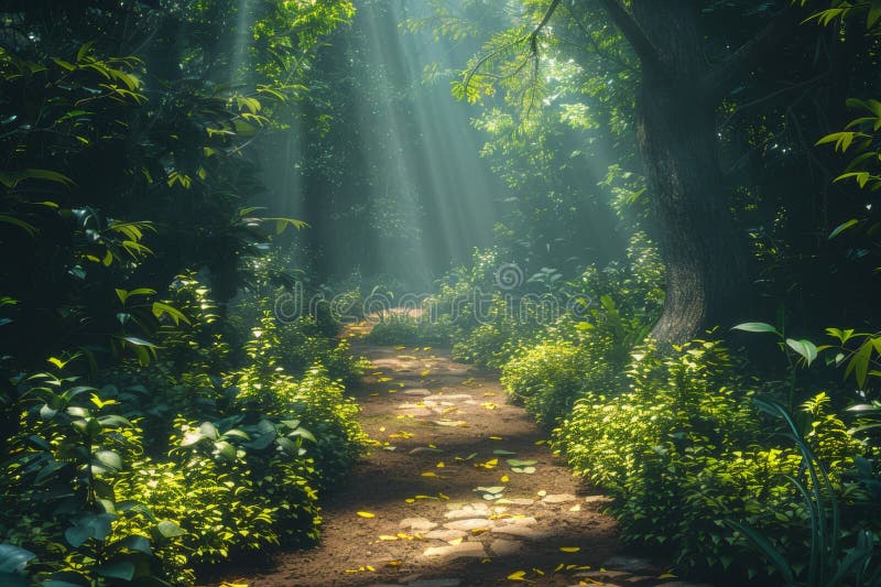 Serene Forest Pathway with Sunlight Filtering through Thick, Green ...
