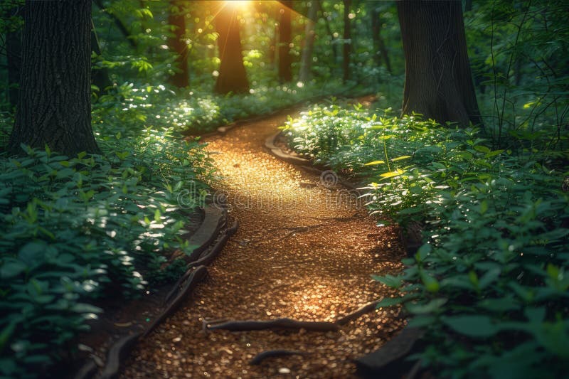 Serene Forest Pathway with Sunlight Filtering through Thick, Green ...