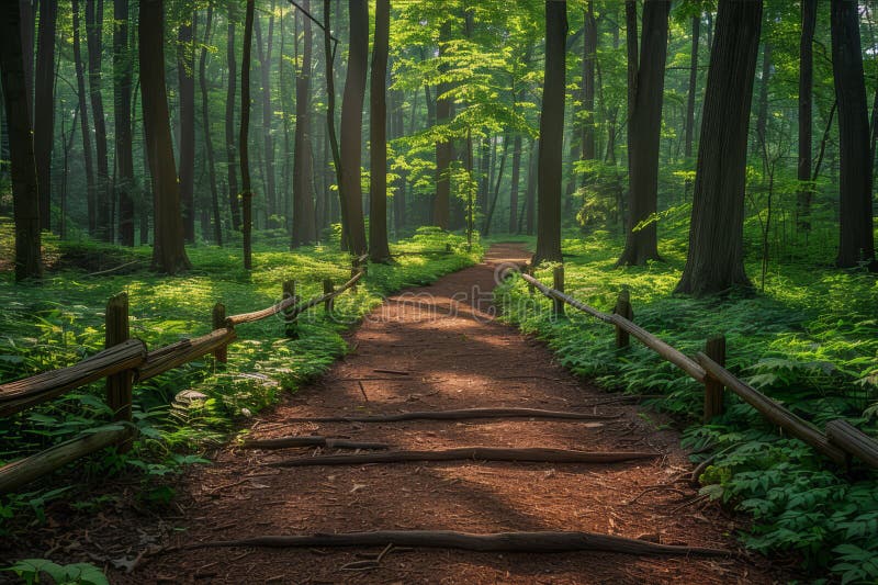Serene Forest Pathway with Sunlight Filtering through Thick, Green ...