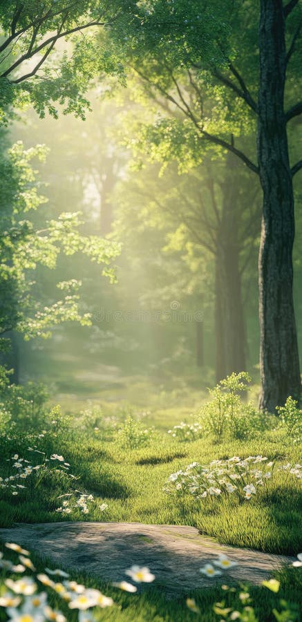 Serene Forest Pathway with Sunlight Filtering through Trees in Spring ...
