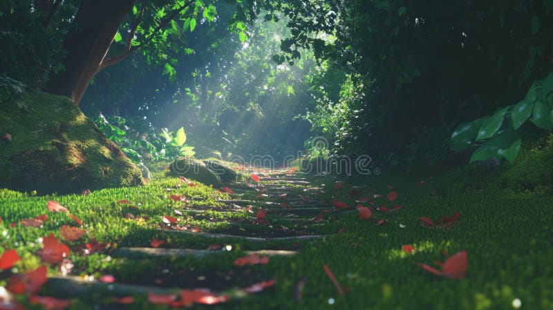 Enchanting Forest Pathway Lush Greenery Sunlight Streaming Trees Stock ...