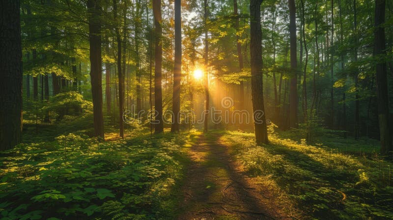 Serene Forest Pathway at Sunrise with Sunlight Piercing through Trees ...