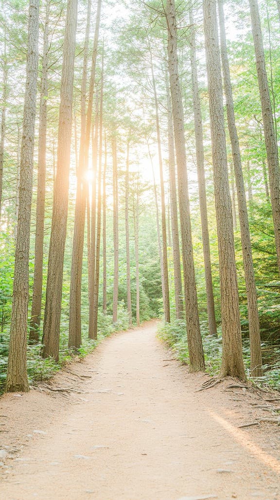 Serene Forest Pathway at Sunrise with Tall Trees and Soft Light Stock ...