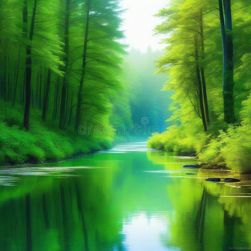 Serene Forest River with Reflections Stock Illustration - Illustration ...