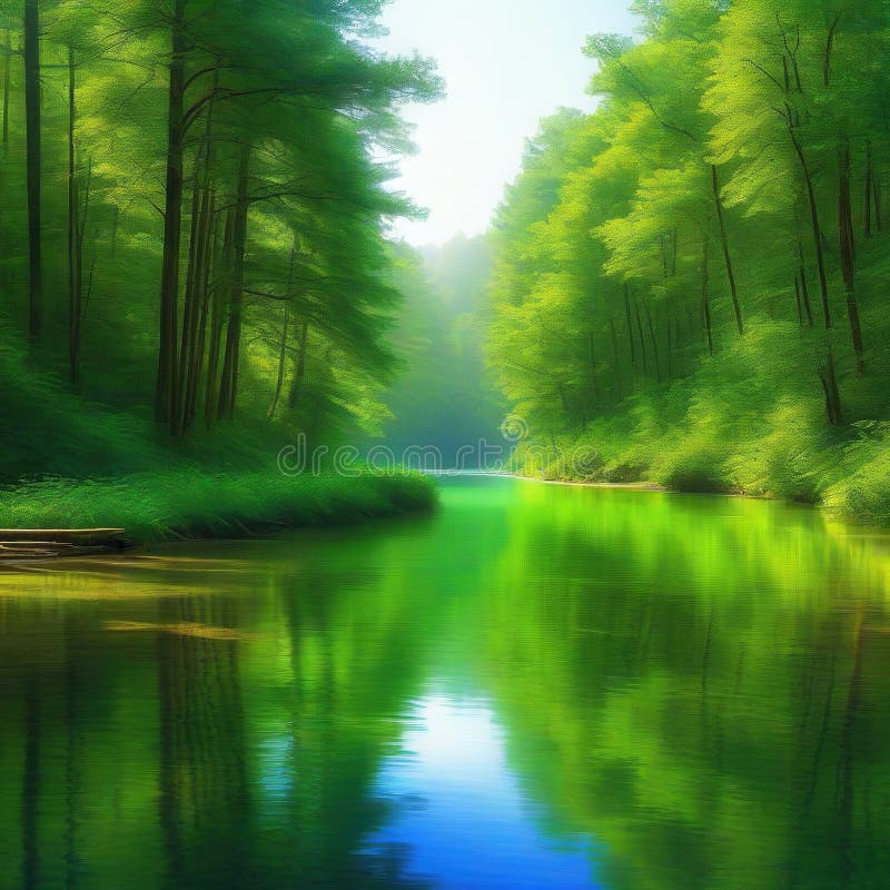 Serene Forest River with Reflections Stock Illustration - Illustration ...