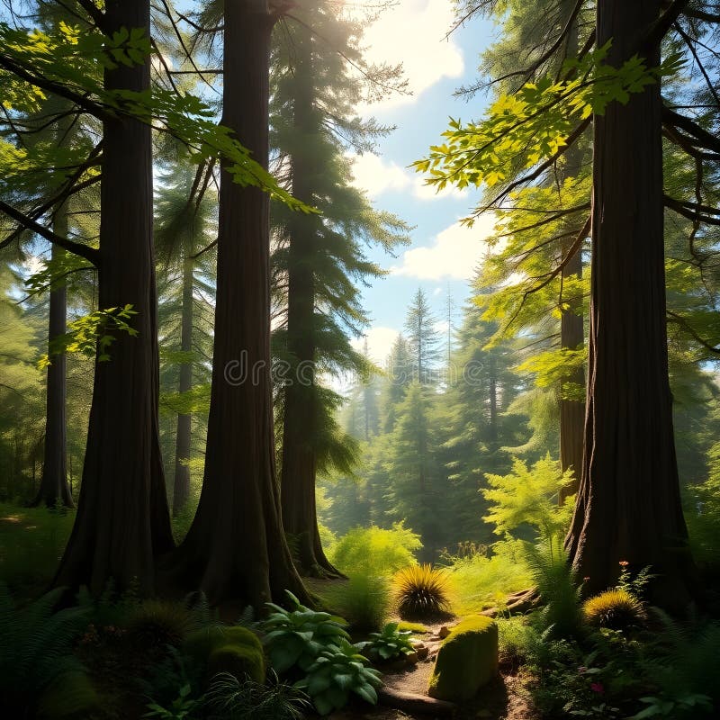 Sun-drenched Forest Path with Crystal-clear Stream Stock Illustration ...