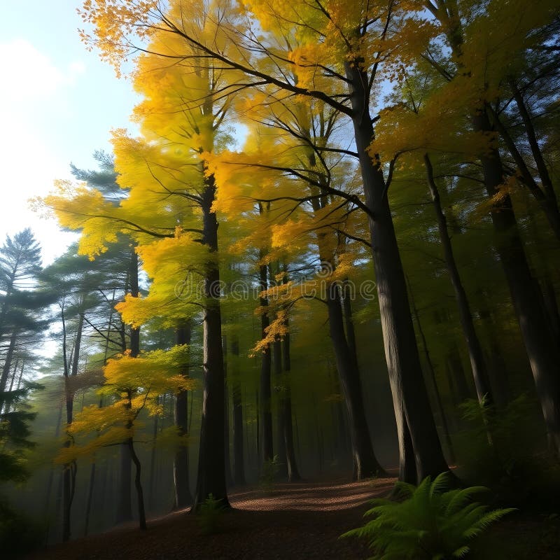 Sun-drenched Forest Path with Crystal-clear Stream Stock Illustration ...
